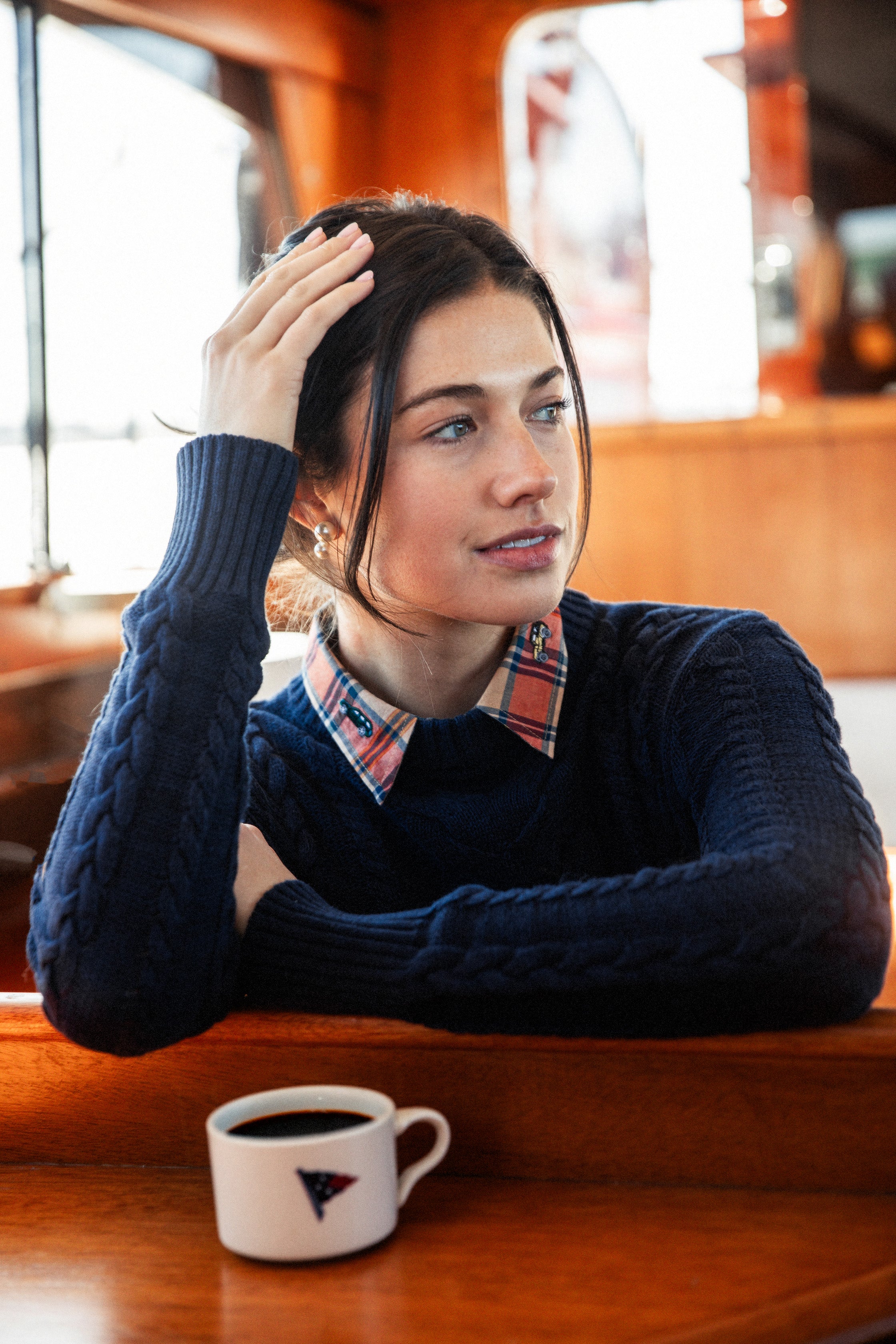 KJP Women's Sailor Cable Knit Crewneck Cotton Sweater in Navy Blue ...