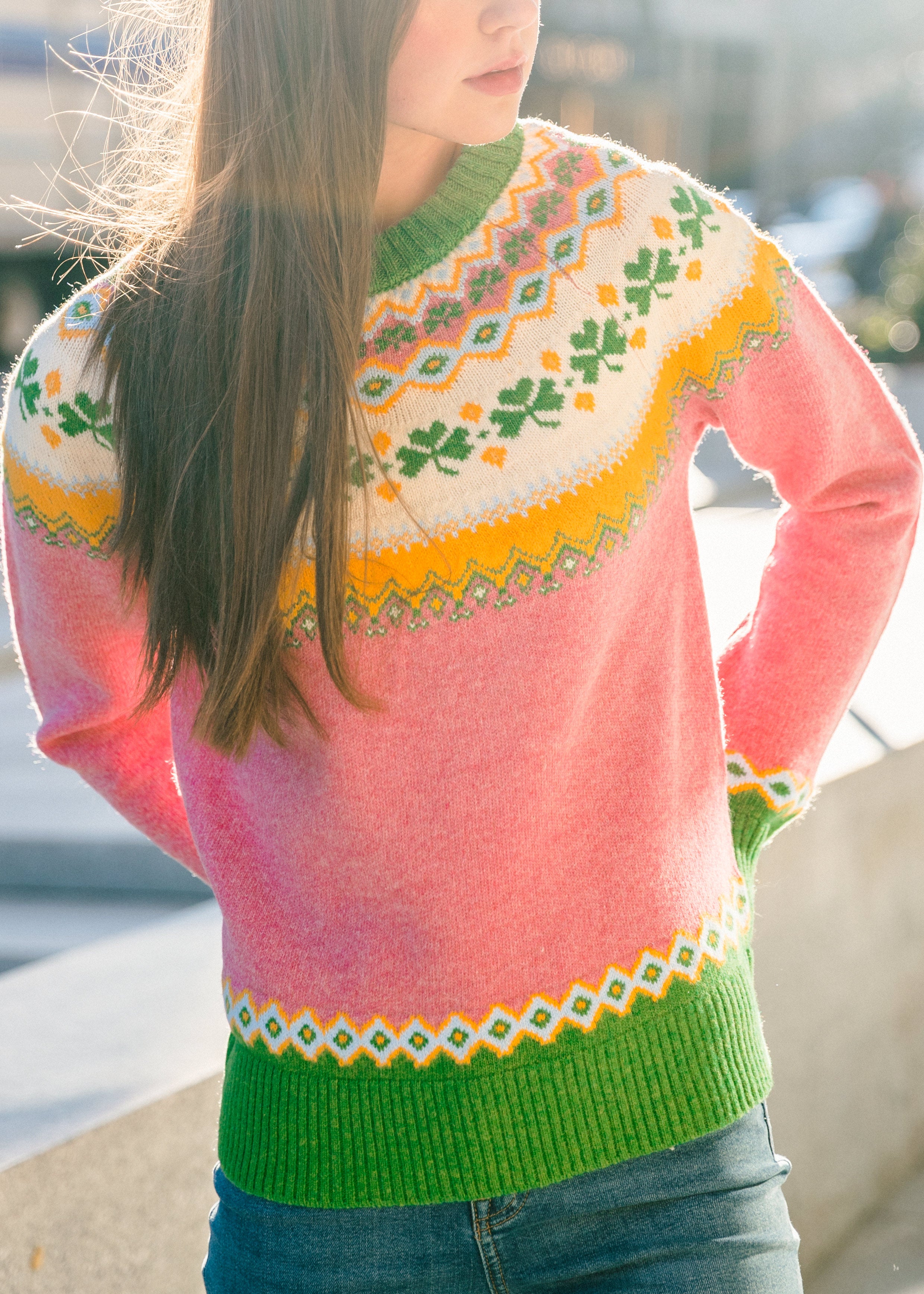 KJP Women's Pink Fair Isle Irish Crewneck Sweater – Kiel James Patrick